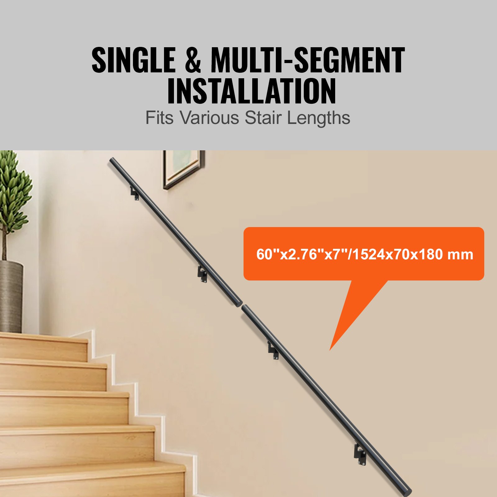VEVOR Handrail Stair Railing, 5 ft, Wall Mount Handrails for Indoor ...