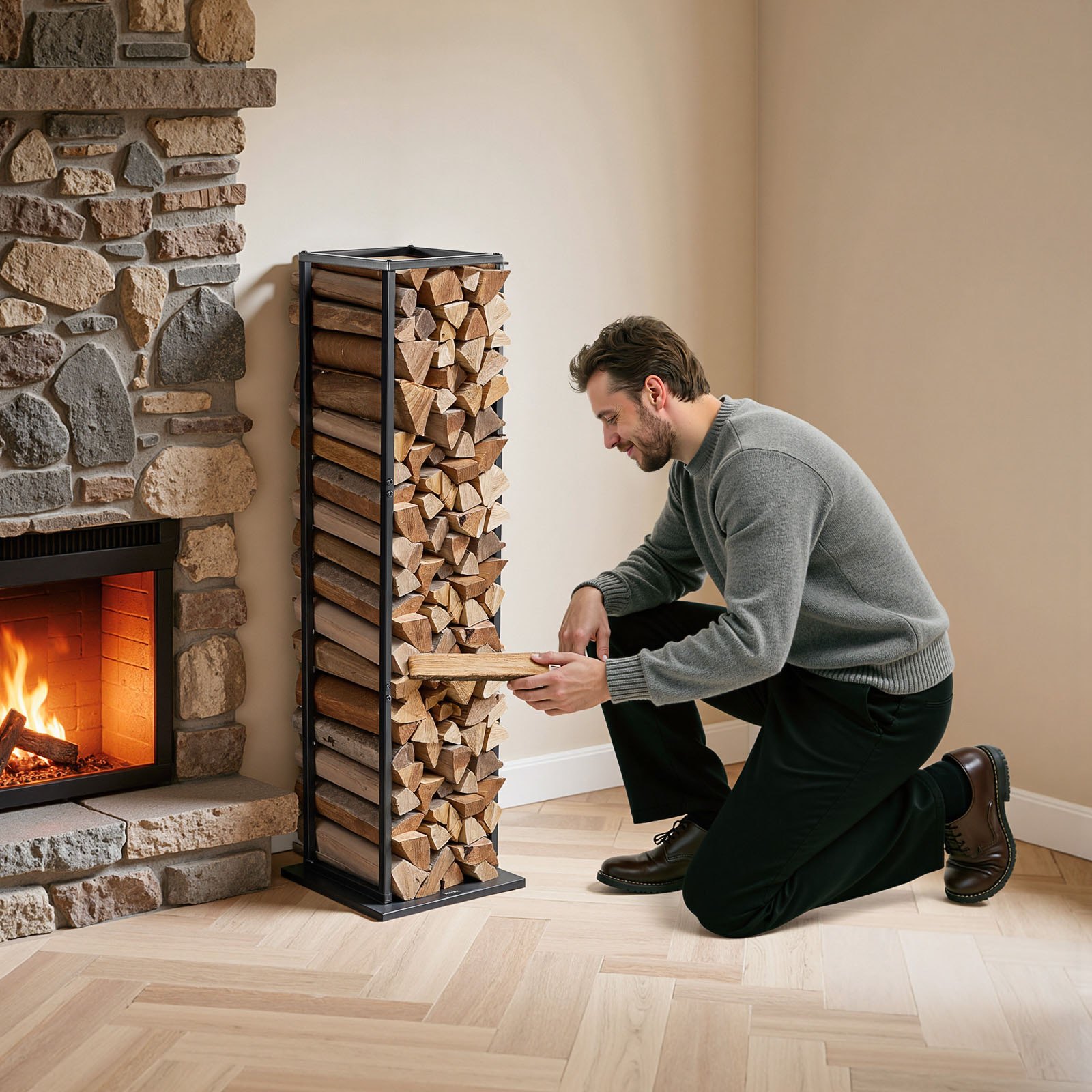 VEVOR Indoor Firewood Rack, 1 ft x 1 ft x 43.3 in Log Stacker Holder, Holds up to 100 lbs, Tall ...