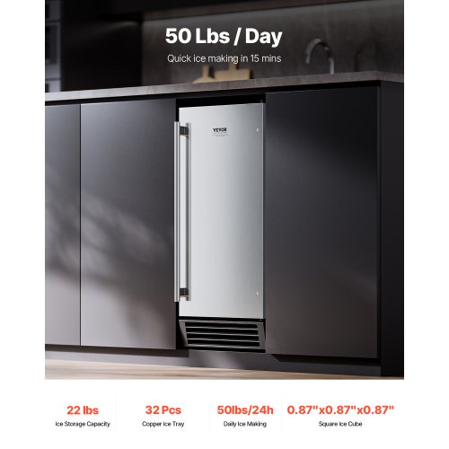 Undercounter Built-in Ice Maker Machine 50 Lbs/Day w/ Drain Pump ...