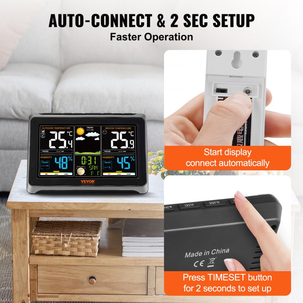 VEVOR Weather Station Indoor Outdoor, 7.5 in Large Color Display ...