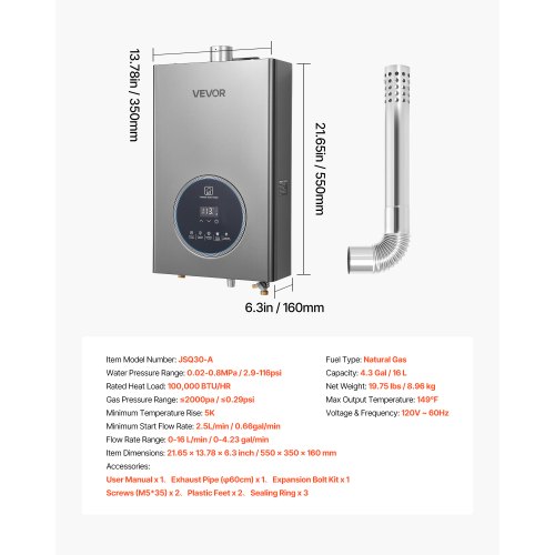 Gas Tankless Water Heater 4.3Gal 100000 BTU Smart Temp Control LED ...