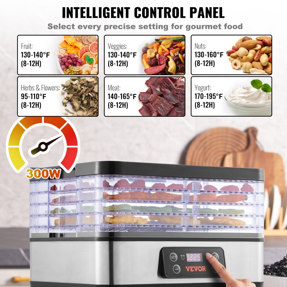 VEVOR Food Dehydrator Machine, 5-Tray Fruit Dehydrator, 300W Electric ...
