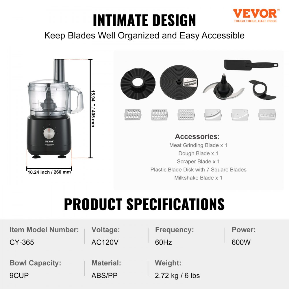 VEVOR Food Processor, 9-Cup Vegetable Chopper for Chopping, Slicing ...