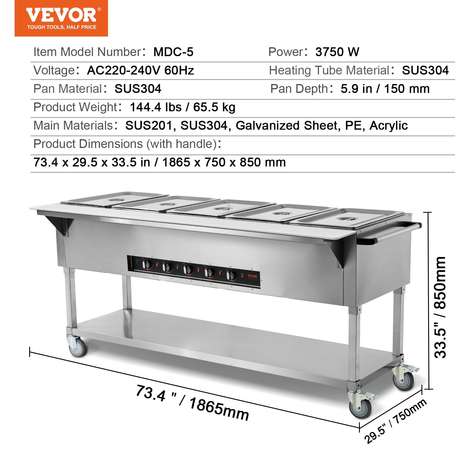 VEVOR 5-Pan Commercial Food Warmer, 5 x 20.6QT Electric Steam Table ...
