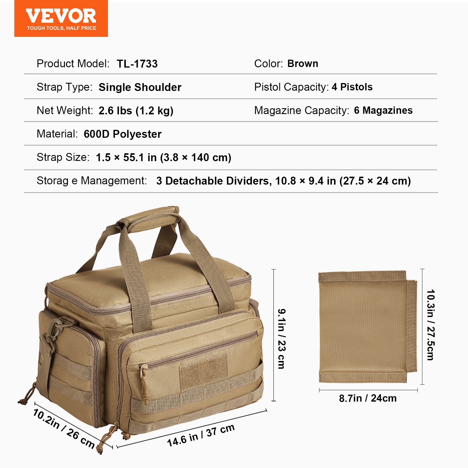 VEVOR Range Bag for 4 Pistols Tactical Gun Range Bag Single Shoulder ...
