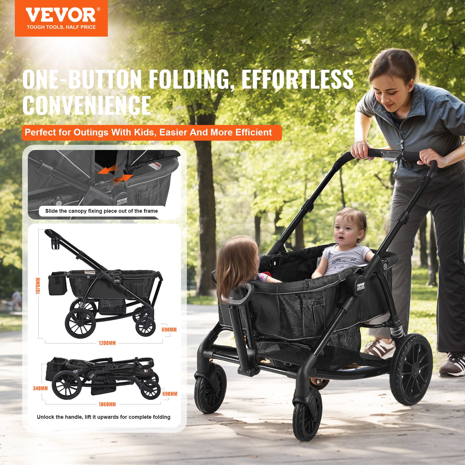 VEVOR All-Terrain Stroller Wagon, 2 Seats Foldable Expedition 2-in-1 ...