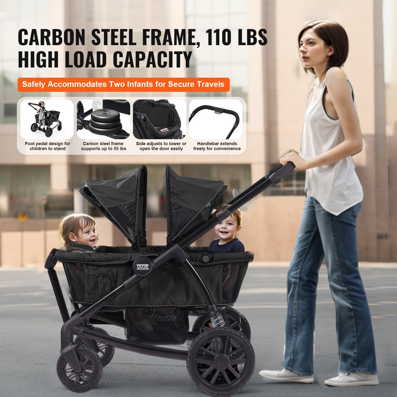 VEVOR All-Terrain Stroller Wagon, 2 Seats Foldable Expedition 2-in-1 ...