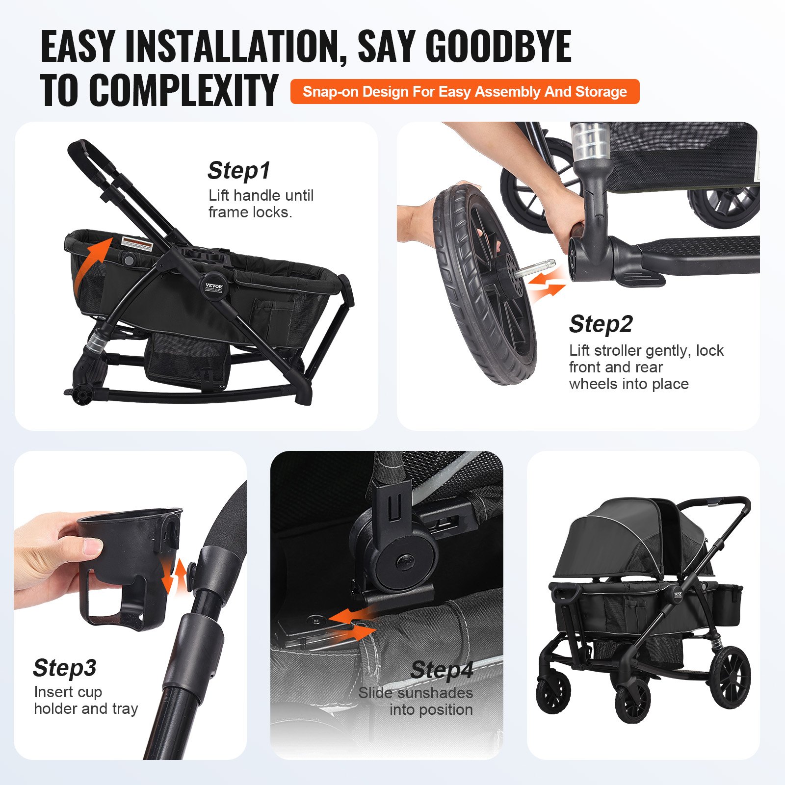 VEVOR All-Terrain Stroller Wagon, 2 Seats Foldable Expedition 2-in-1 ...