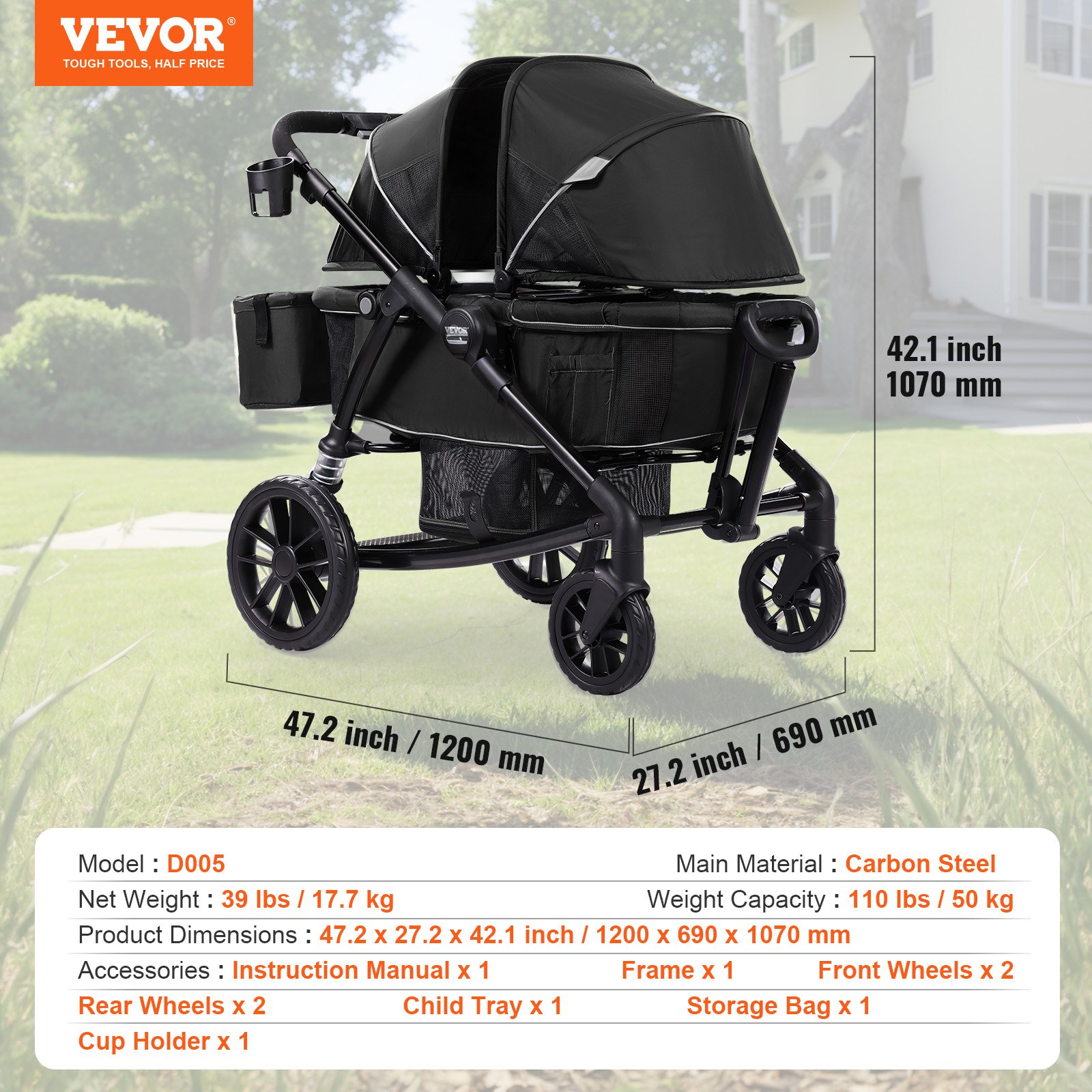 VEVOR All-Terrain Stroller Wagon, 2 Seats Foldable Expedition 2-in-1 ...