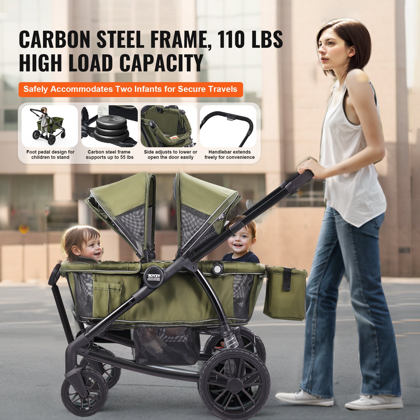 VEVOR All-Terrain Stroller Wagon, 2 Seats Foldable Expedition 2-in-1 ...