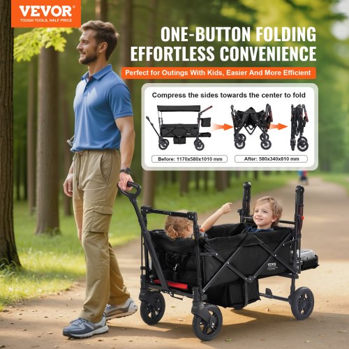VEVOR Wagon Stroller for 2 Kids, Push Pull Quad Collapsible Stroller ...