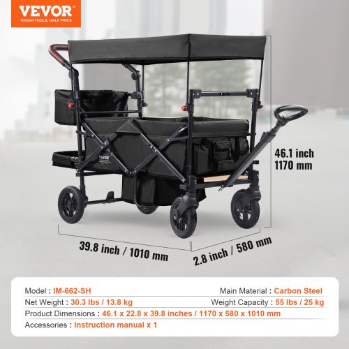 VEVOR Wagon Stroller for 2 Kids, Push Pull Quad Collapsible Stroller ...