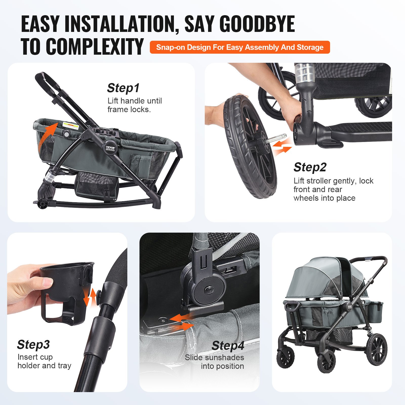 VEVOR All-Terrain Stroller Wagon, 2 Seats Foldable Expedition 2-in-1 ...