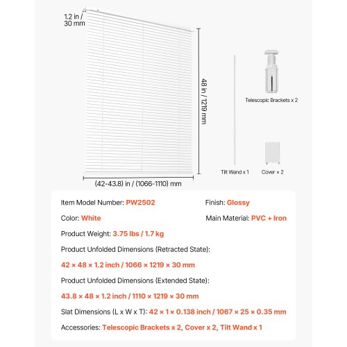 Mini Blinds 43.3" W x 48" H 1" Slat Cordless Light Filtering No-Drill ...