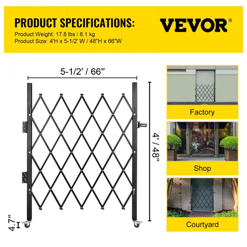 VEVOR Single Folding Security Gate, 48" H x 66" W Folding Door Gate ...