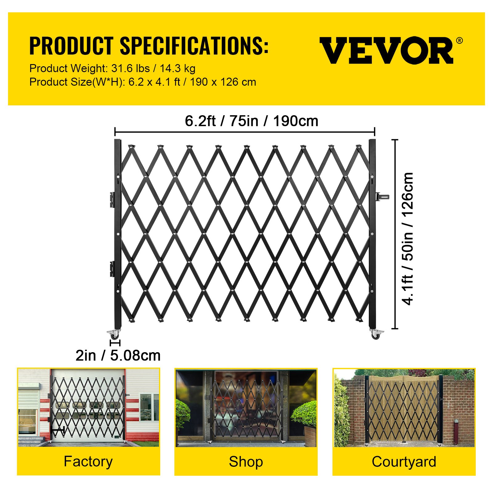 VEVOR Single Folding Security Gate, 50" H x 75" W Folding Door Gate ...
