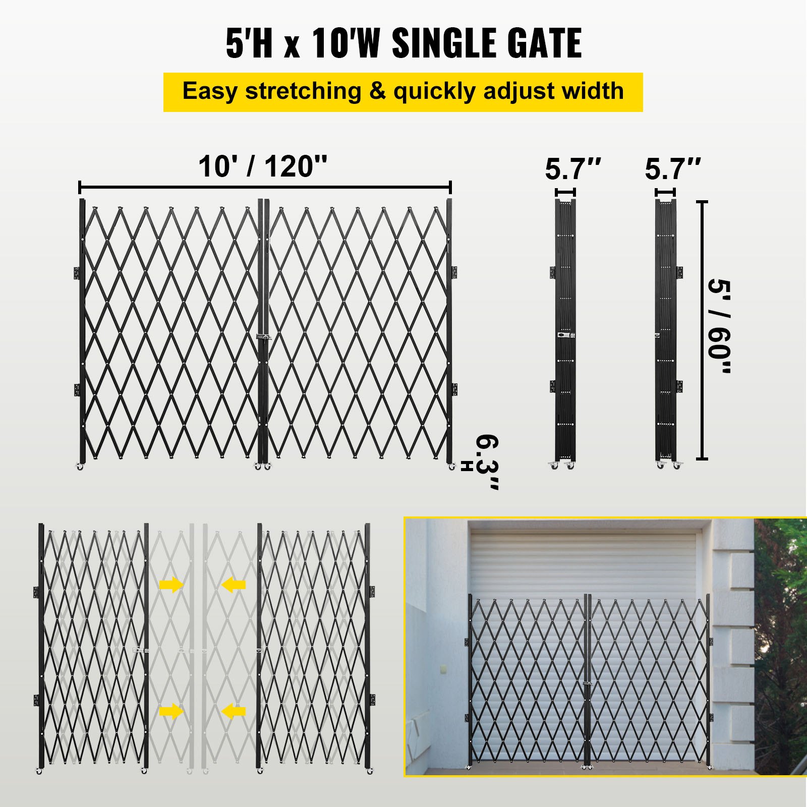 VEVOR Double Folding Security Gate, 5' H x 10' W Folding Door Gate ...