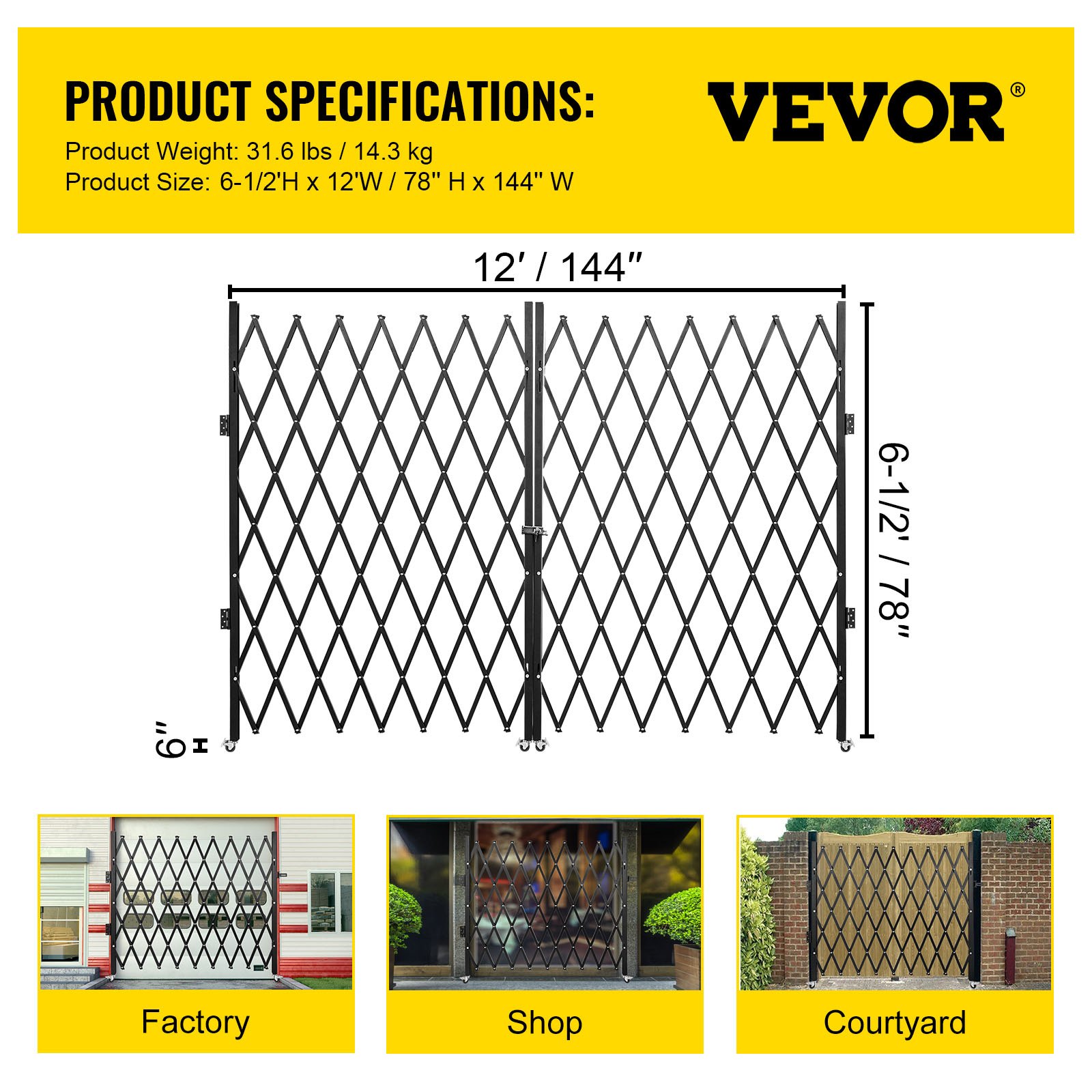 VEVOR Double Folding Security Gate, 6-1/2' H x 12' W Folding Door Gate ...
