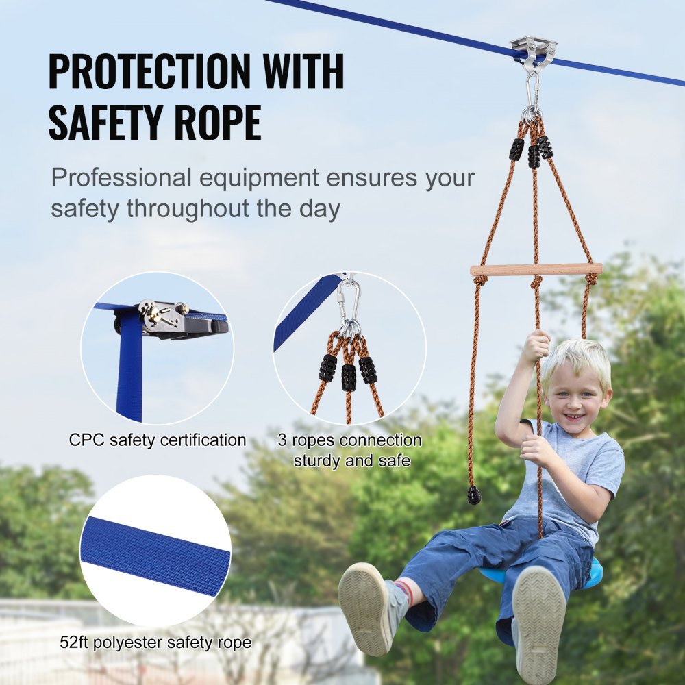 VEVOR Zipline Kit for Kids and Adult, 52 ft Zip Line Kits Up to 500 lb ...