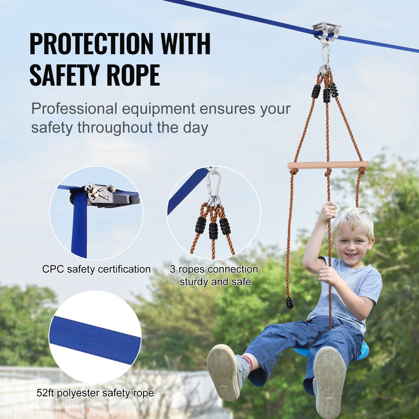 VEVOR Zipline Kit for Kids and Adult, 52 ft Zip Line Kits Up to 500 lb ...