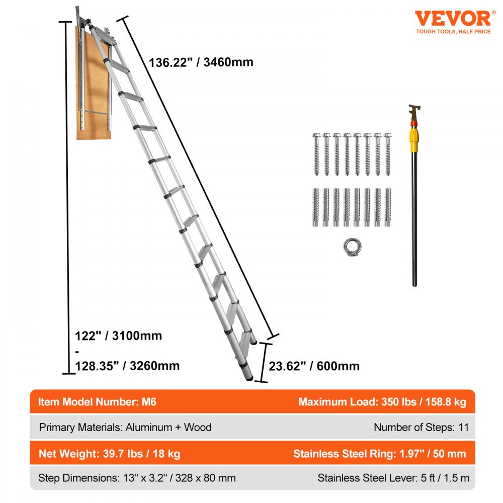 VEVOR Attic Ladder Telescoping, 350-pound Capacity, 39.37" x 23.6 ...