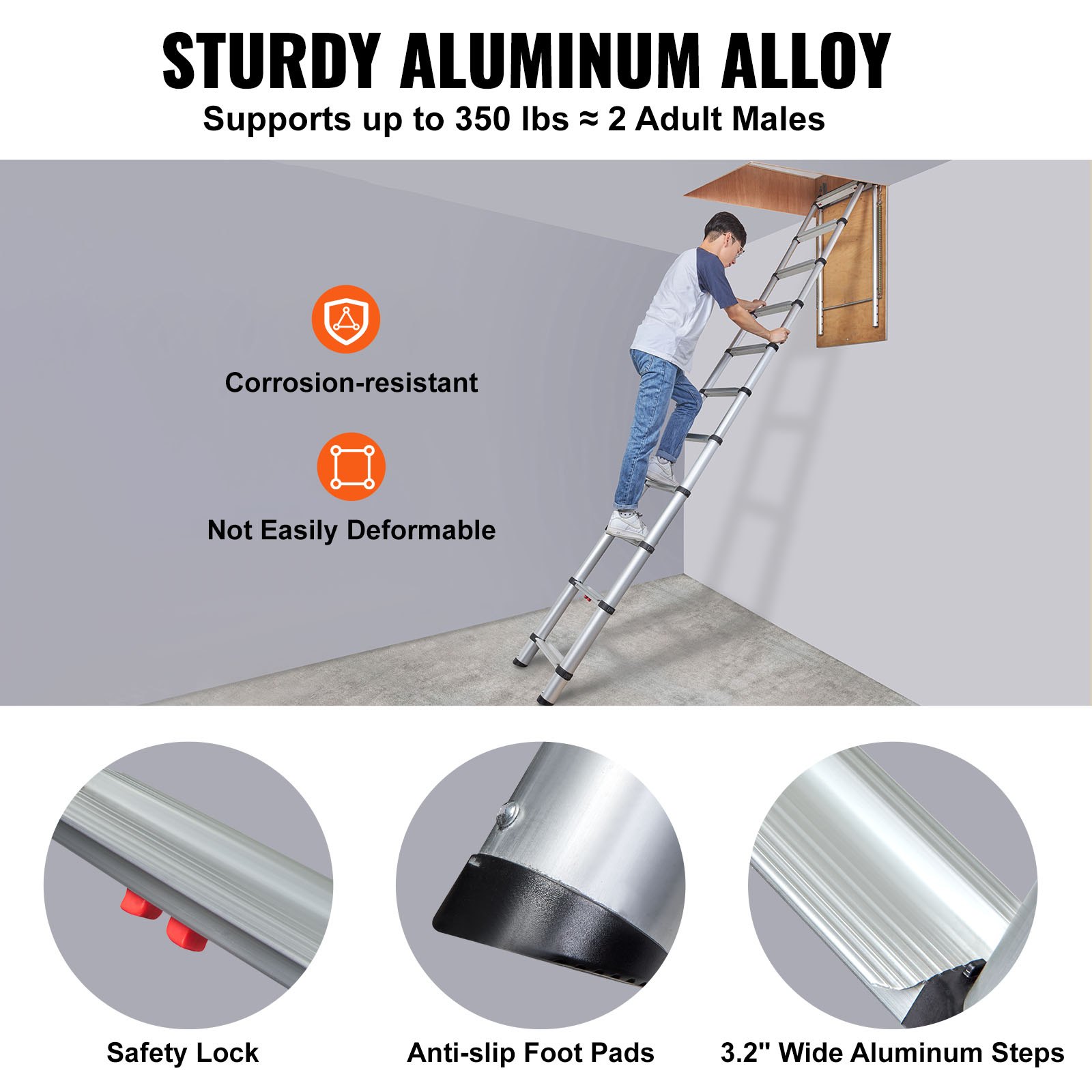VEVOR Attic Ladder Telescoping, 350-pound Capacity, 39.37" x 23.6 ...