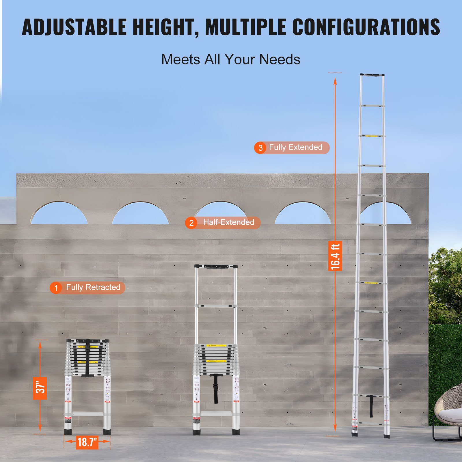 VEVOR Telescoping Ladder, 16.5FT Aluminum Lightweight Extension Ladder ...