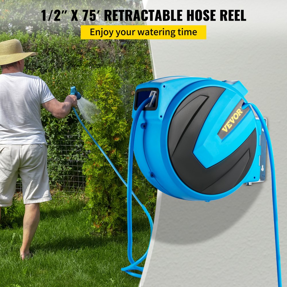 VEVOR Retractable Hose Reel, 1/2 inch x 75 ft, Any Length Lock & Automatic Rewind Water Hose ...