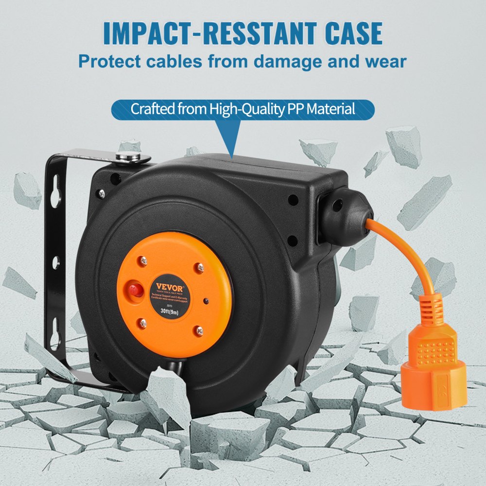 VEVOR Retractable Extension Cord Reel, 29.53 ft / 9 m, 1000W Heavy Duty ...