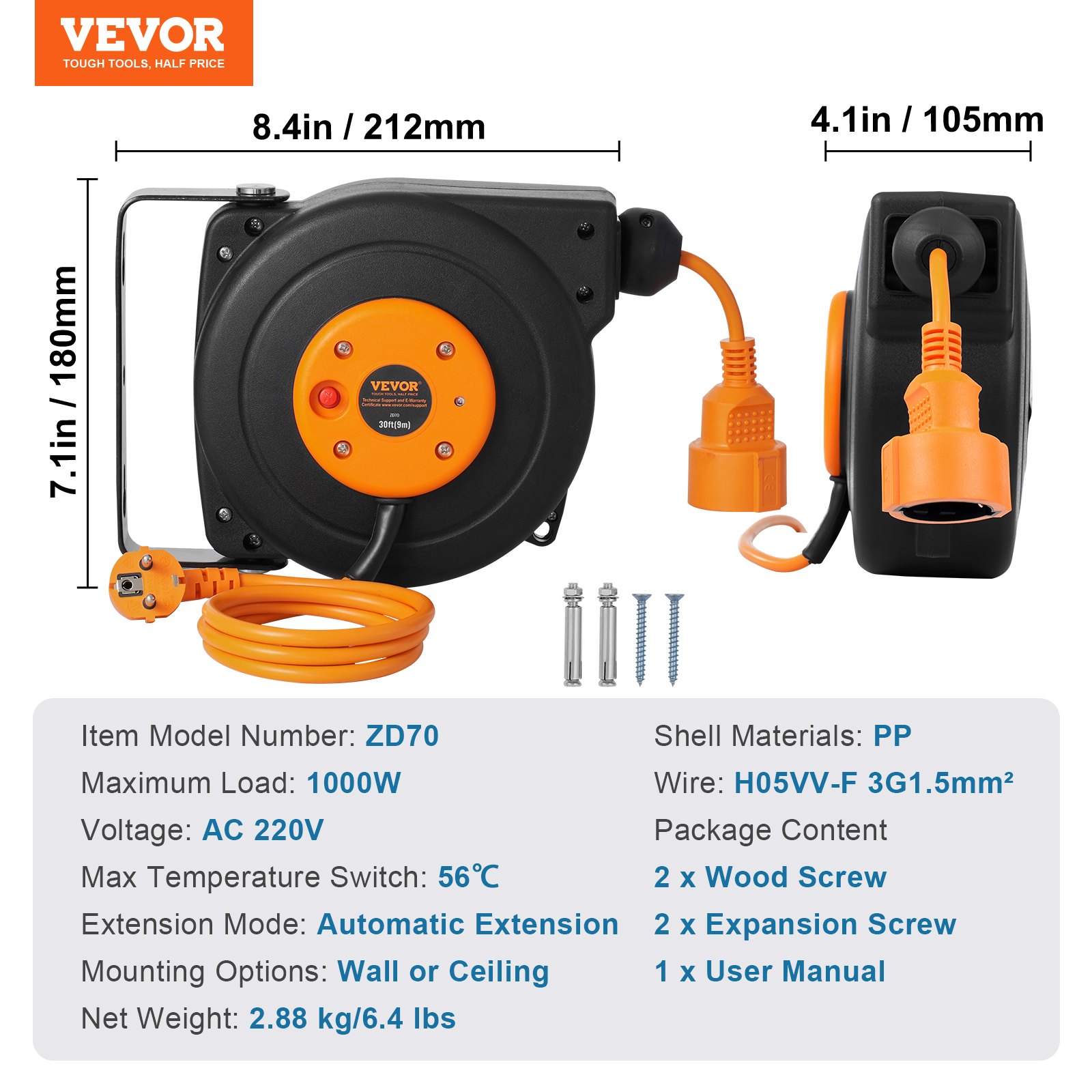 VEVOR Retractable Extension Cord Reel, 29.53 ft / 9 m, 1000W Heavy Duty ...