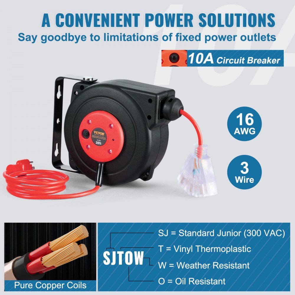 VEVOR Retractable Extension Cord Reel Power Cord Reel 30FT 16AWG/3C ...