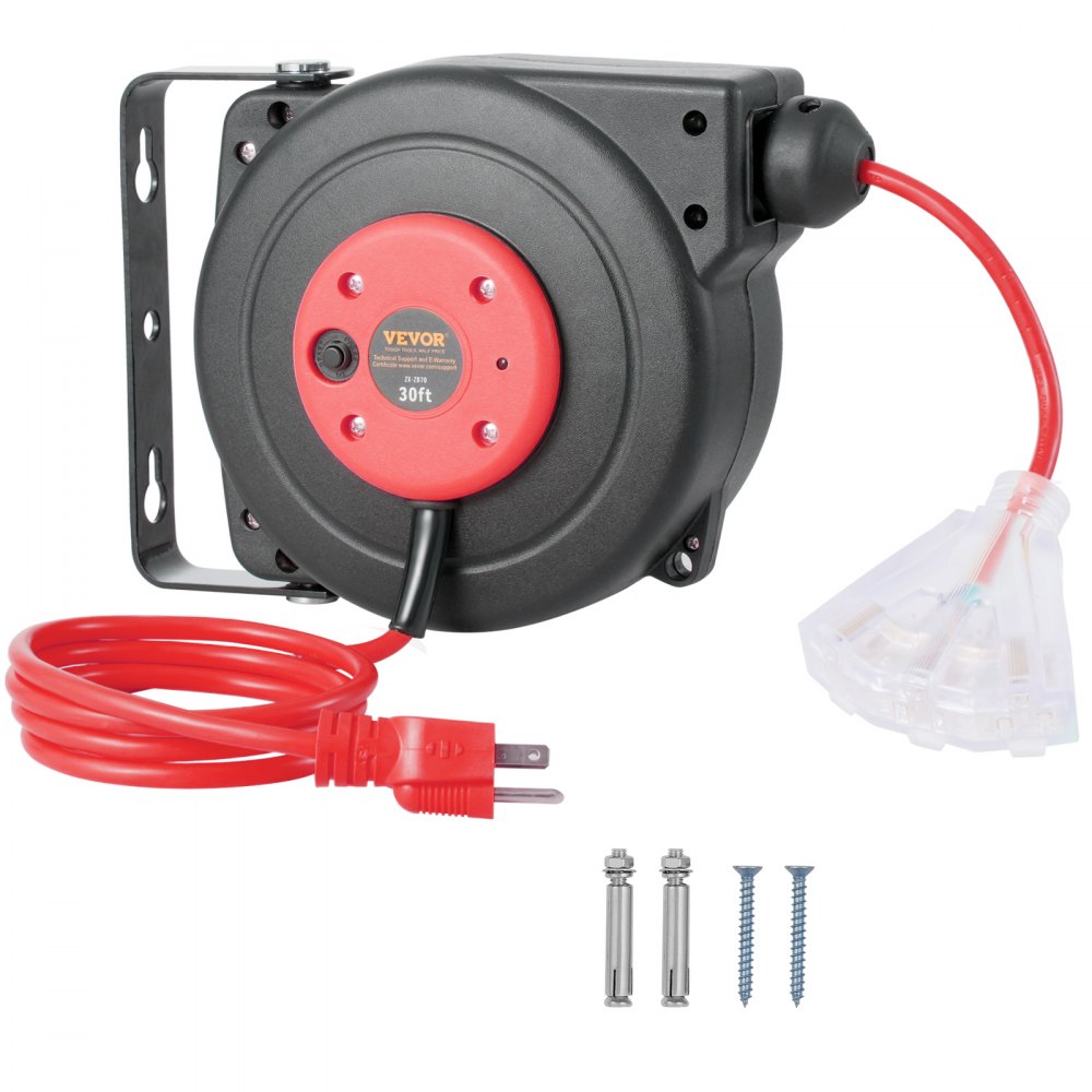 VEVOR Retractable Extension Cord Reel Power Cord Reel 30FT 16AWG/3C ...