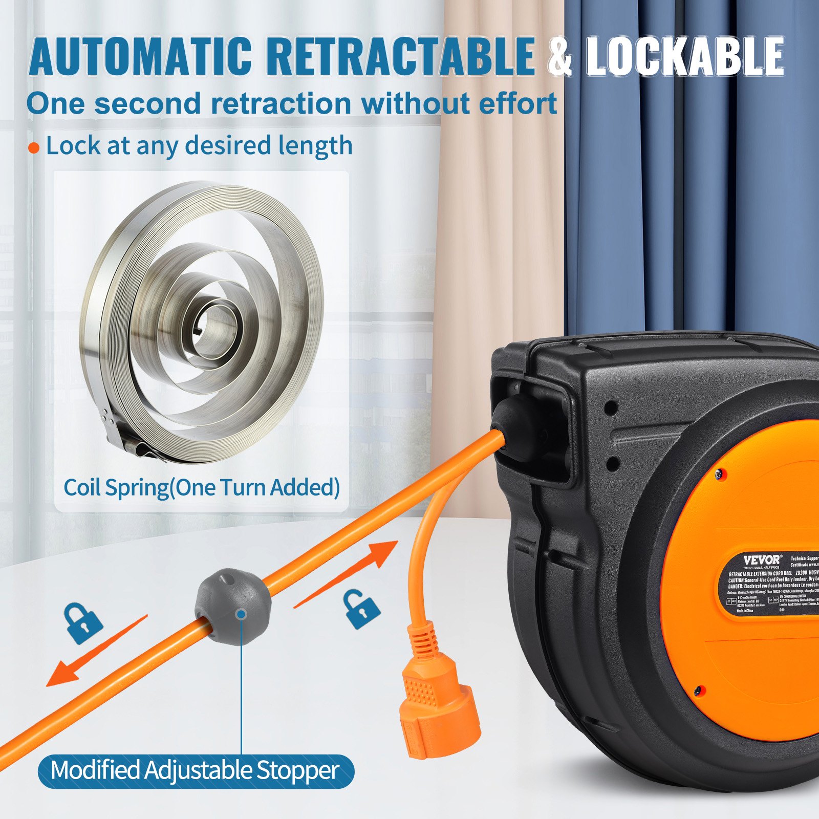 VEVOR Retractable Extension Cord Reel, 62.33 ft/19 m, 1600W Heavy Duty ...