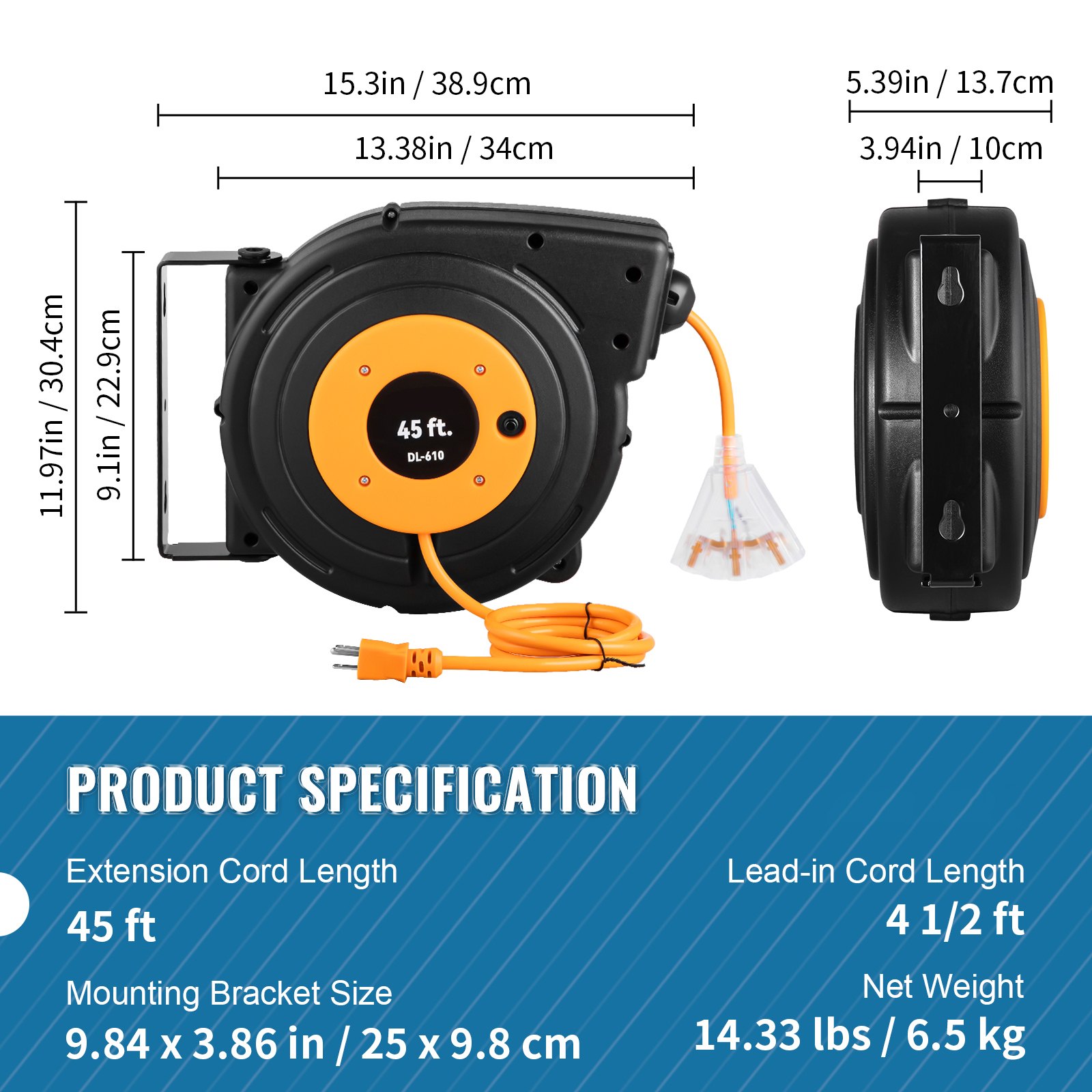 VEVOR 12 Gauge Extension Cord Reel – 12AWG/3C SJTOW, 45 FT