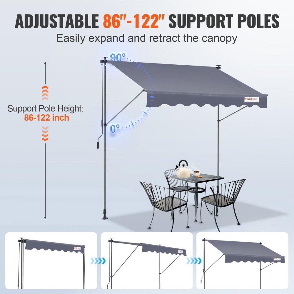 VEVOR Manual Retractable Awning, 3m Outdoor Retractable Patio Awning Sunshade Shelter ...