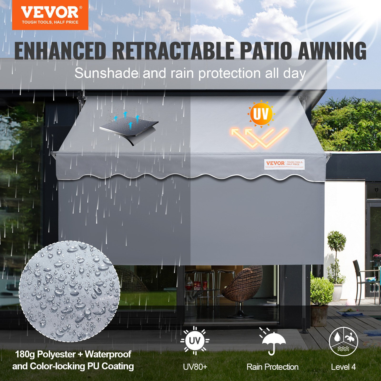 VEVOR Manual Retractable Awning, 3m Outdoor Retractable Patio Awning Sunshade Shelter ...
