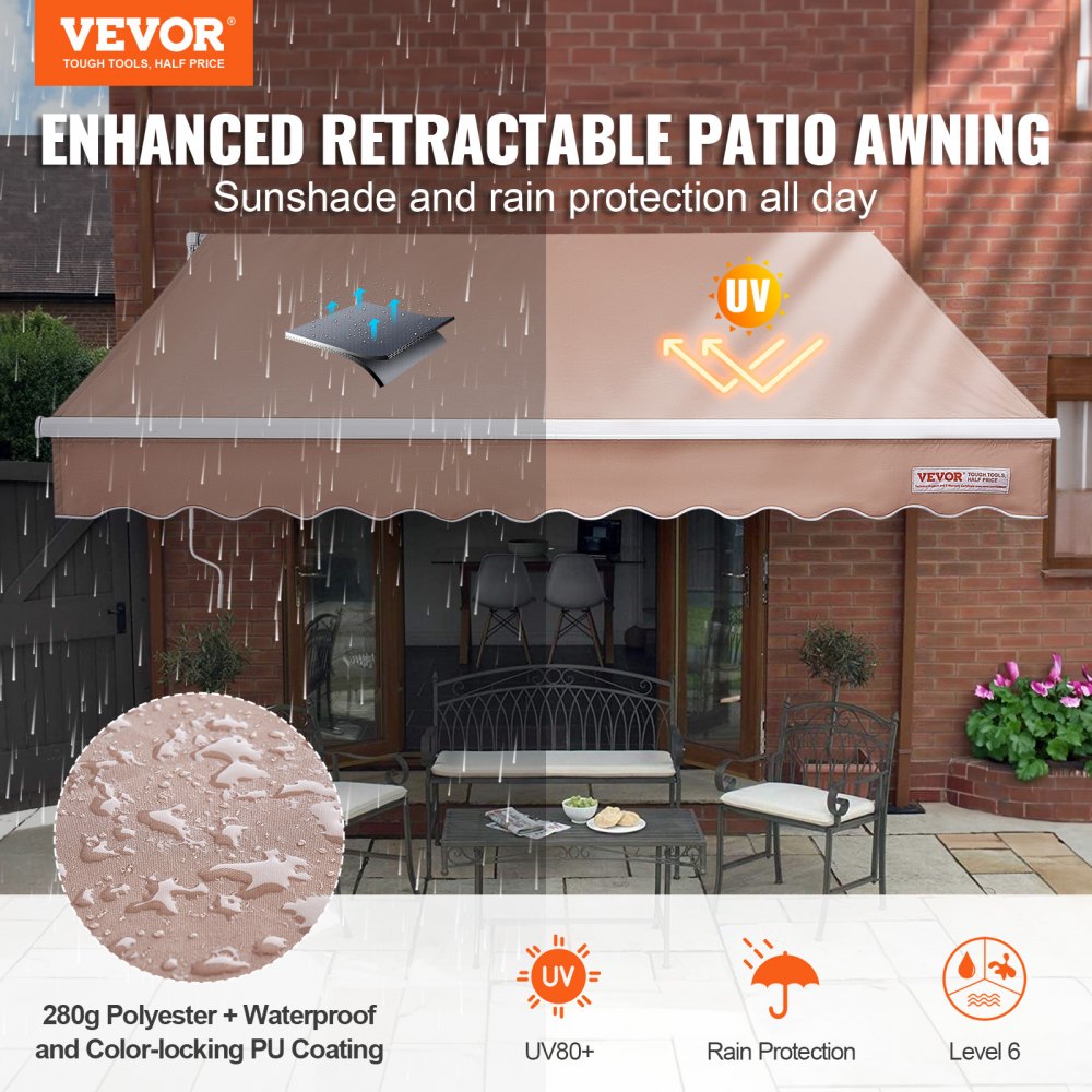 VEVOR Manual Retractable Awning, 3.66x3.05m Outdoor Patio Awning Retractable Sun Shade, Water ...