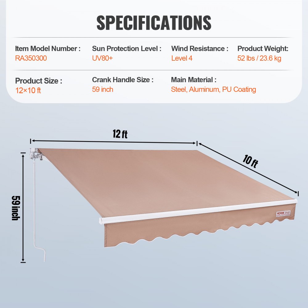 VEVOR Manual Retractable Awning, 12 x 10 ft Outdoor Patio Awning ...