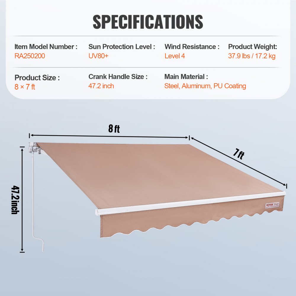 VEVOR VEVOR Manual Retractable Awning, 8 x 7 ft Outdoor Patio Awning Retractable Sun Shade ...