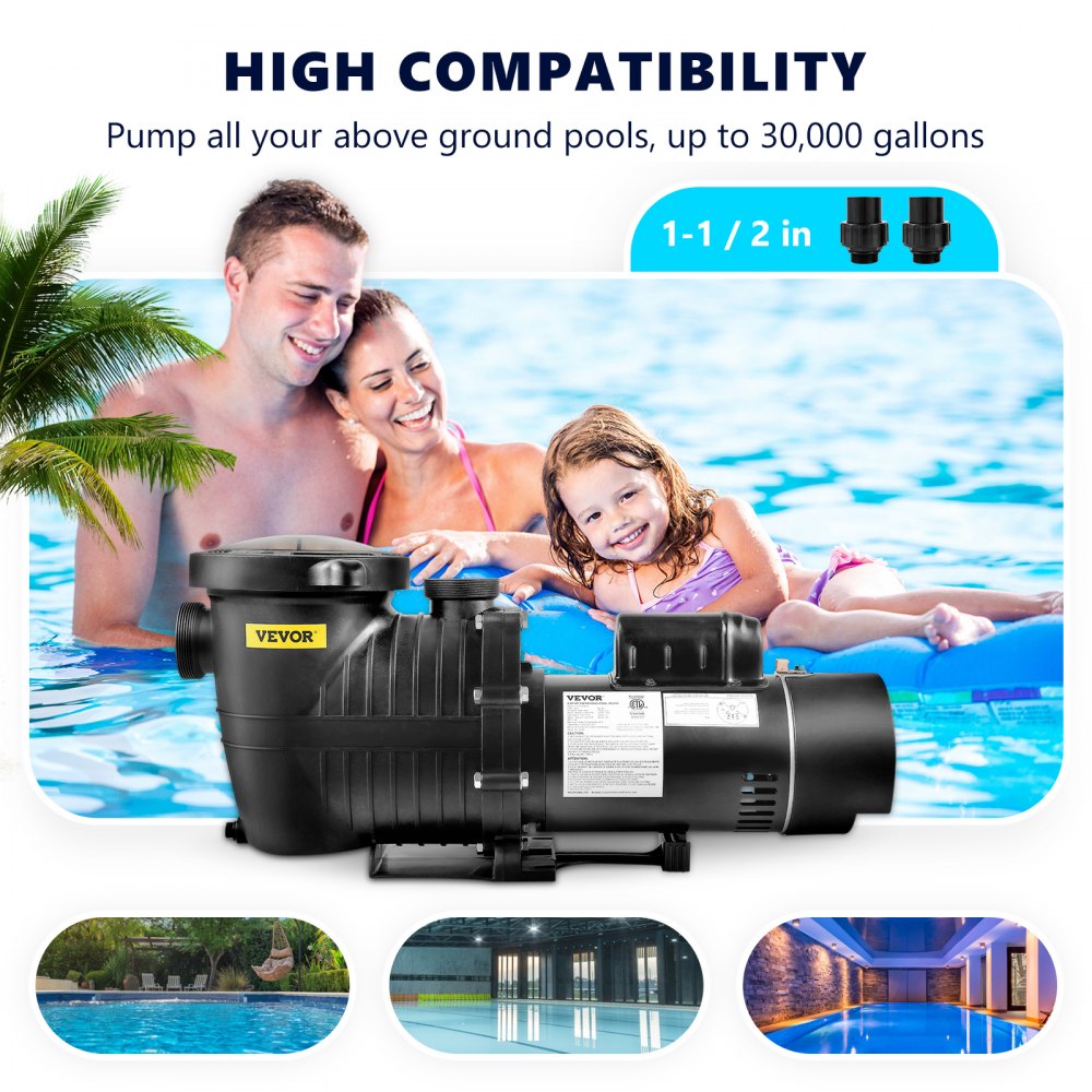 VEVOR Pool Pump 1.5HP 230V, Variable Dual Speed Pumps 1100W for Above ...