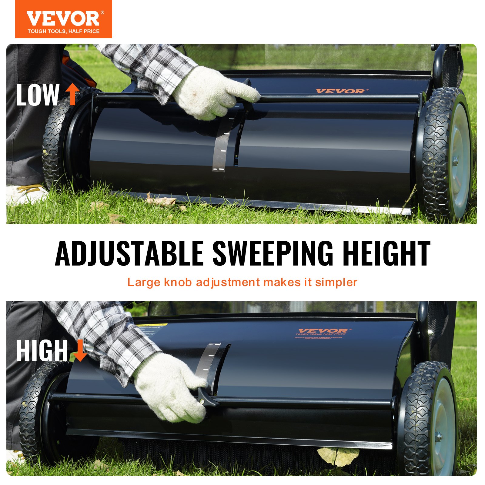 VEVOR Push Leaf Sweeper – 26in Width, 7 cu. Ft. Hopper Bag