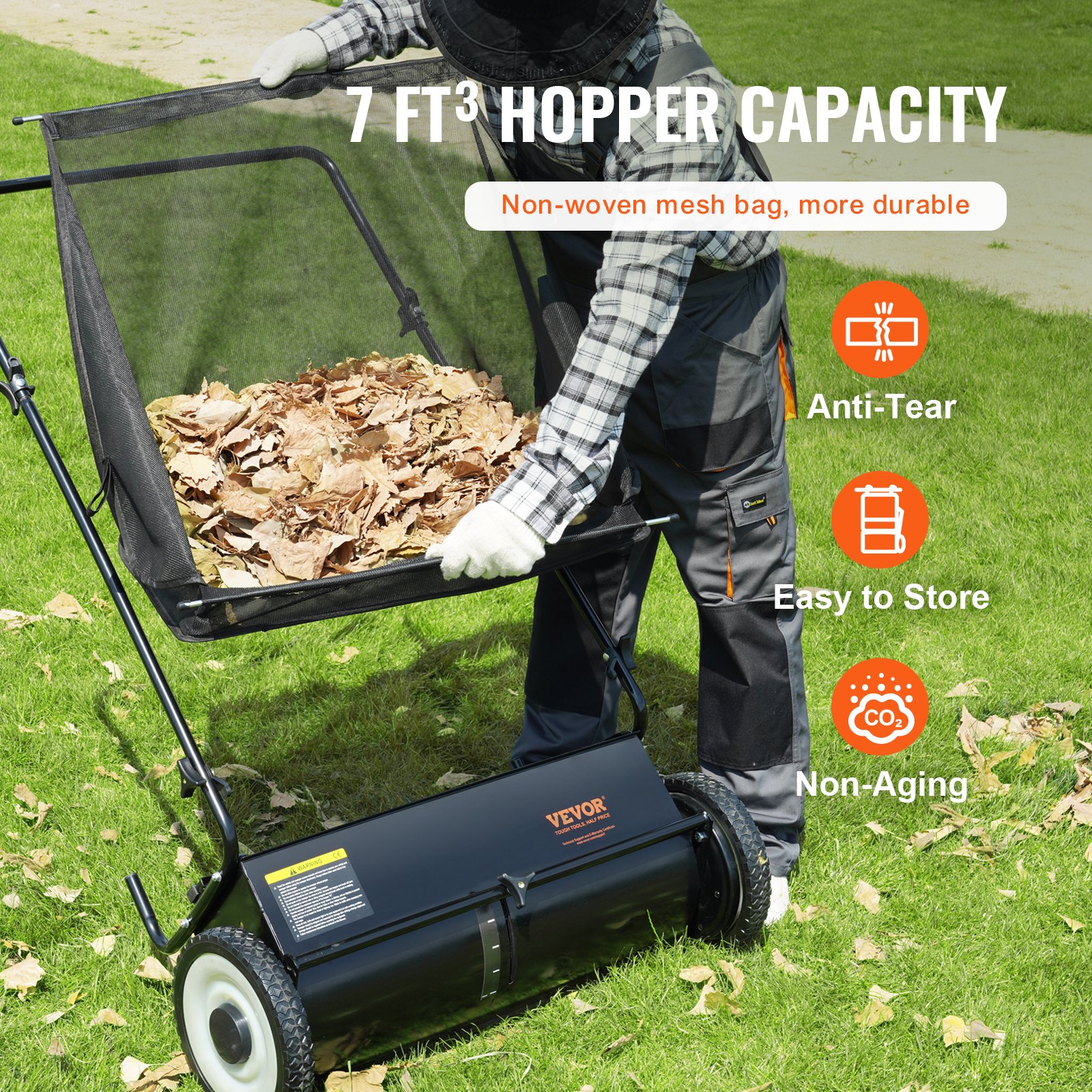 VEVOR Push Leaf Sweeper – 26in Width, 7 cu. Ft. Hopper Bag
