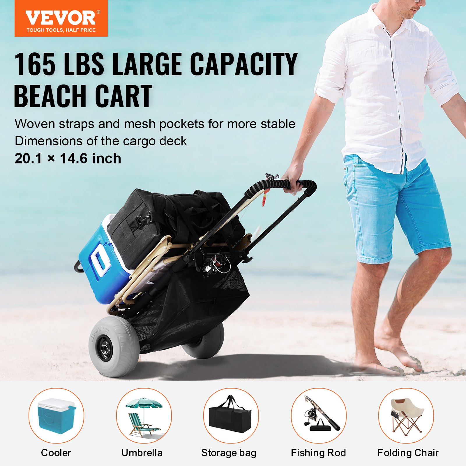 VEVOR Beach Dolly with Big Wheels for Sand, 20.1" x 14.6" Cargo Deck, w ...
