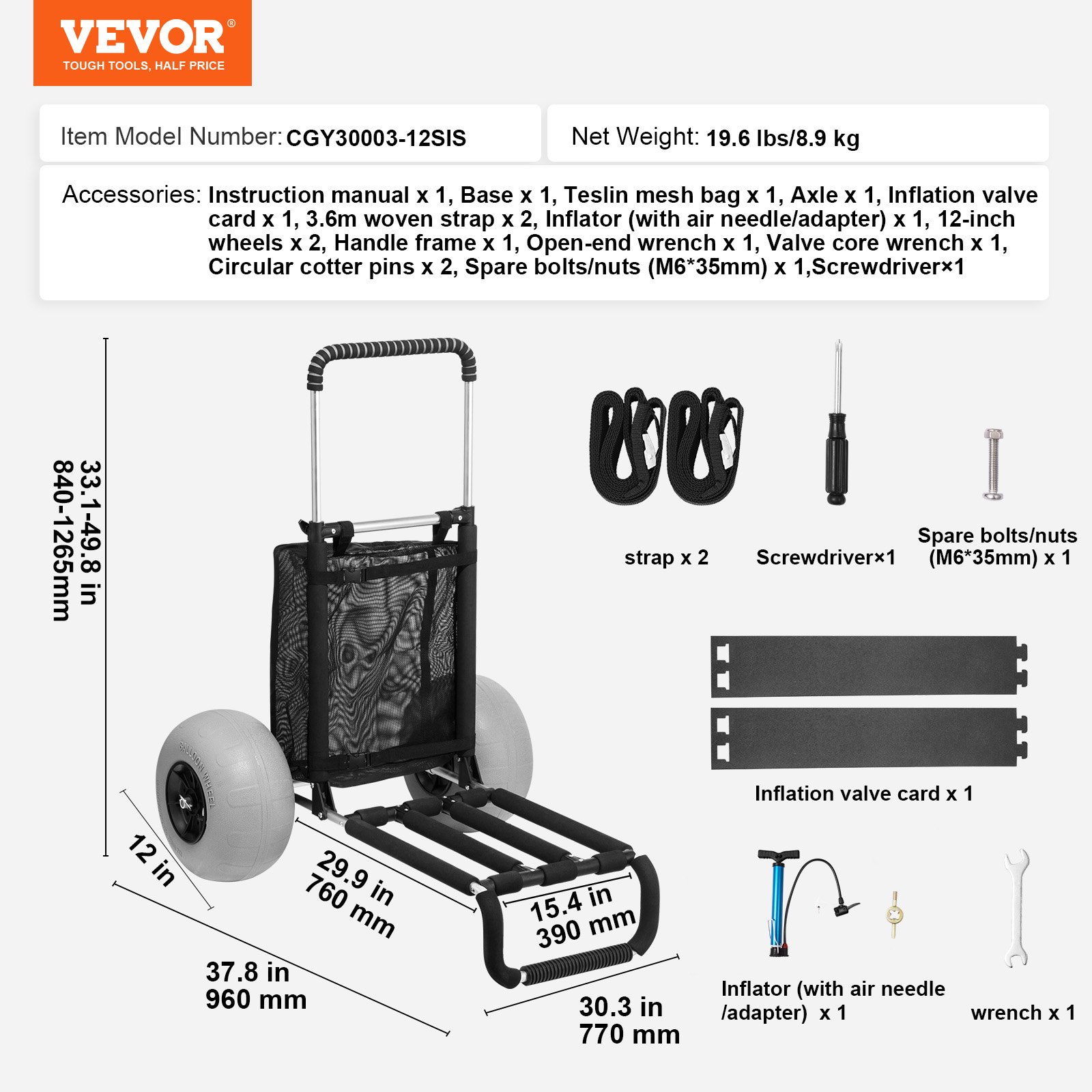 VEVOR Beach Dolly with Big Wheels for Sand, 29.9" x 15.4" Cargo Deck, w ...