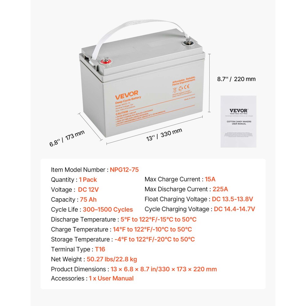 VEVOR 75Ah Deep Cycle Battery – 12V AGM, 225A Max Output