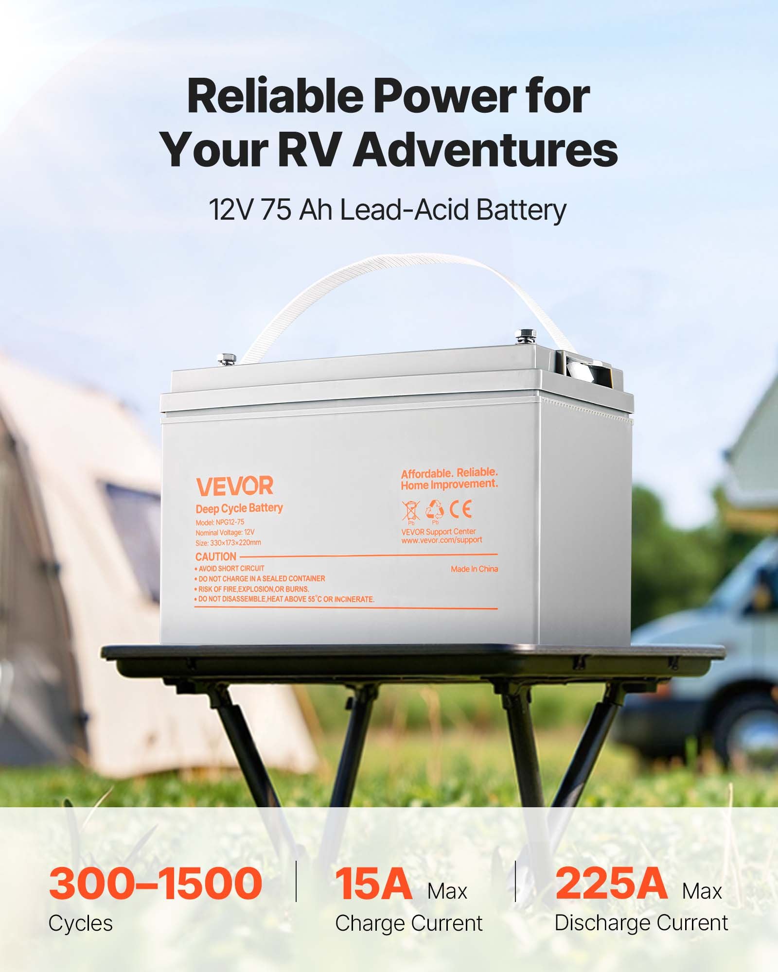 VEVOR 75Ah Deep Cycle Battery – 12V AGM, 225A Max Output
