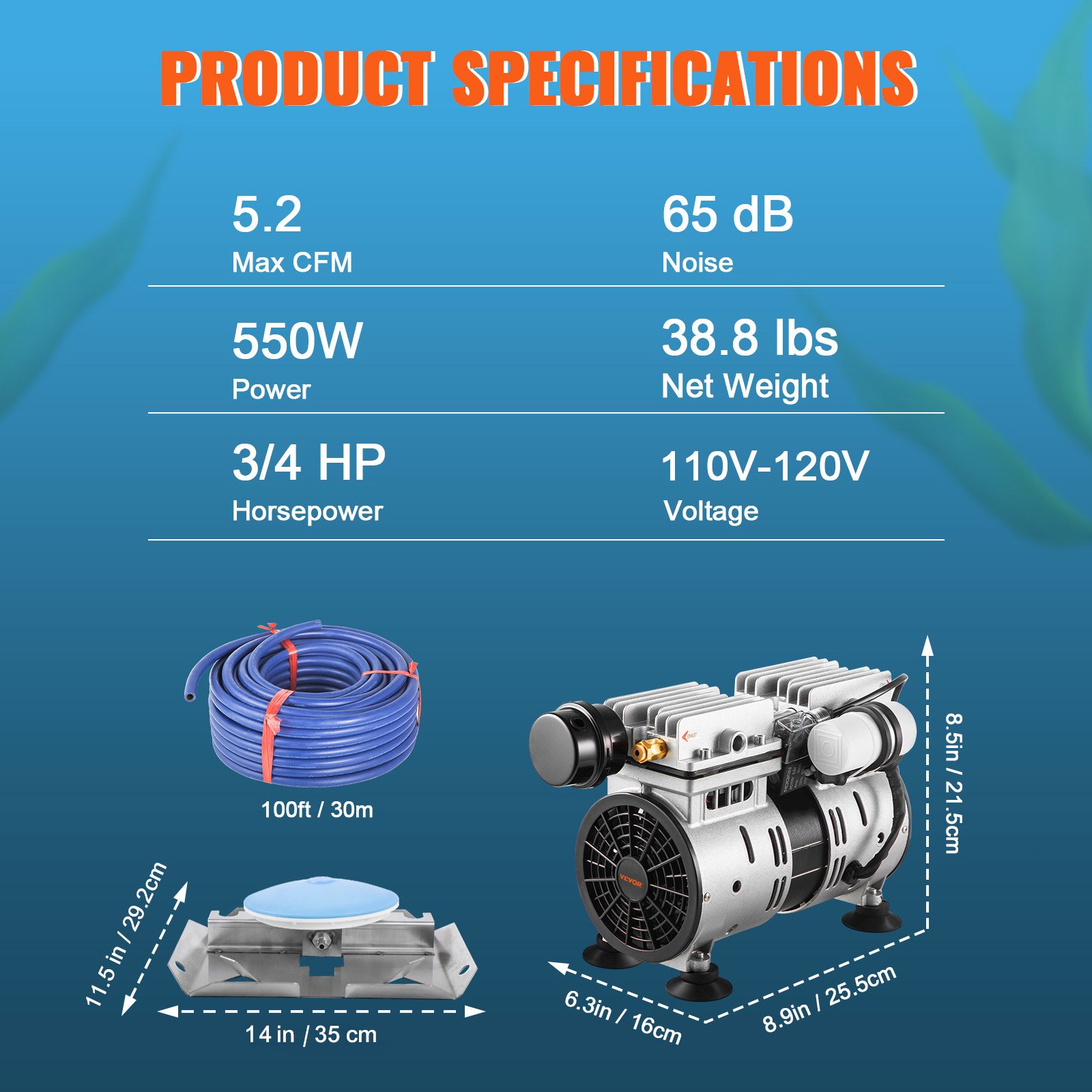 VEVOR Pond Aerator, 550W Power, 5.2CFM for Up to 1 Acre 50' Lake, Pond ...
