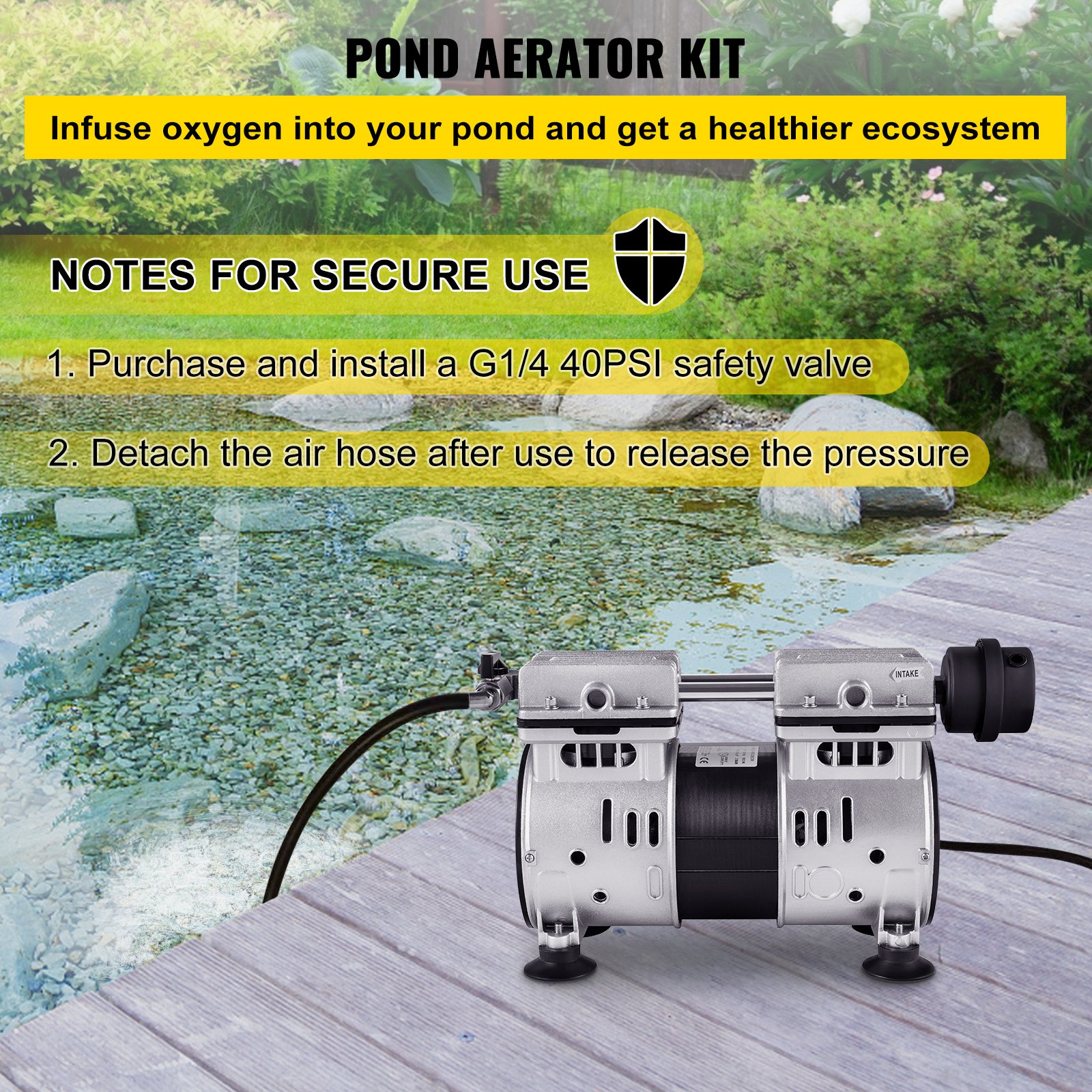 VEVOR Pond Aerator, for Up to 3 Acres, Lake Aeration System with 3/4 HP ...