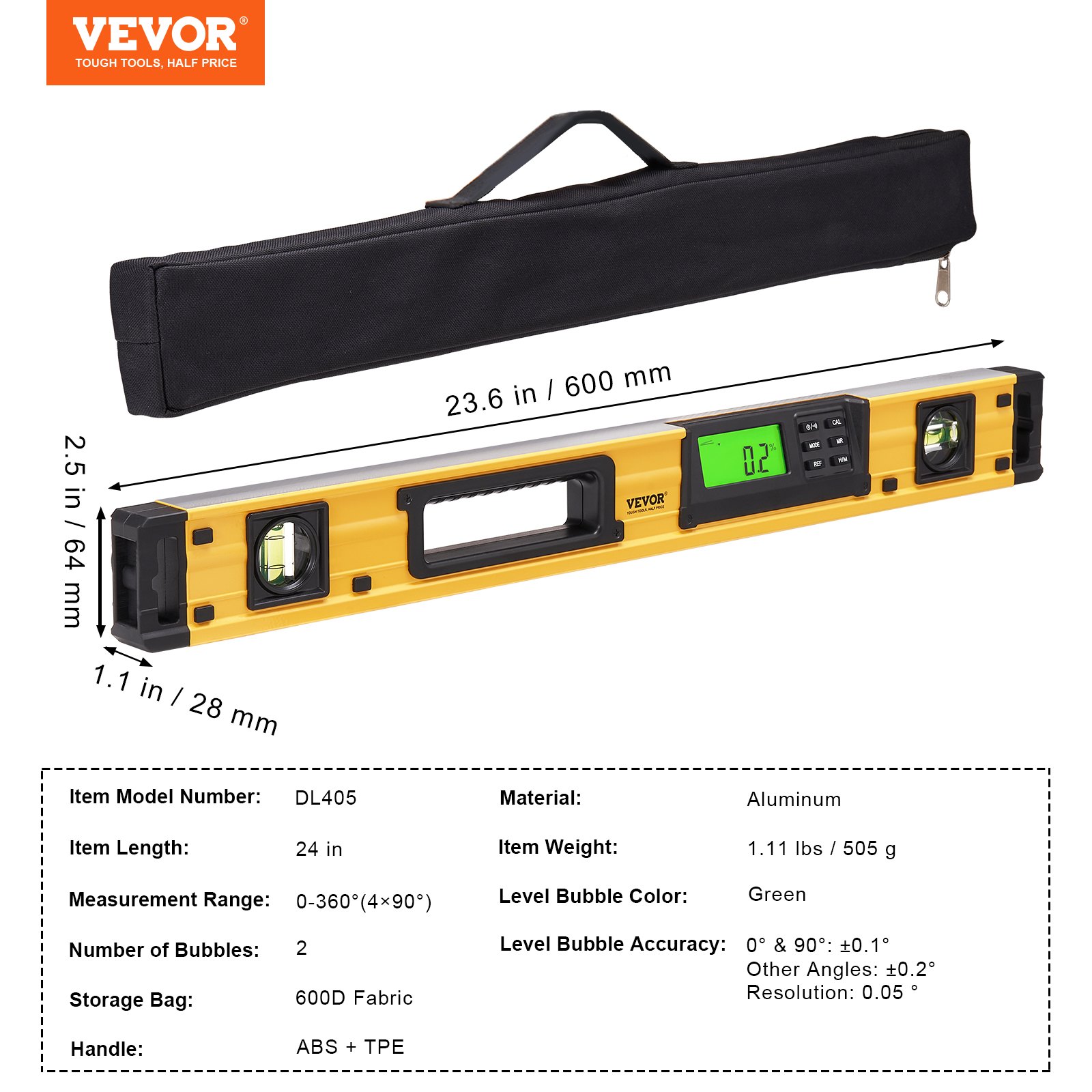VEVOR Magnetic Torpedo Level, 600mm, LED Backlit Screen Mechanical ...