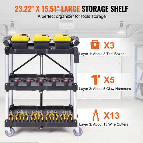 VEVOR Foldable Utility Service Cart 3 Shelf 165LBS with Swivel Lockable ...
